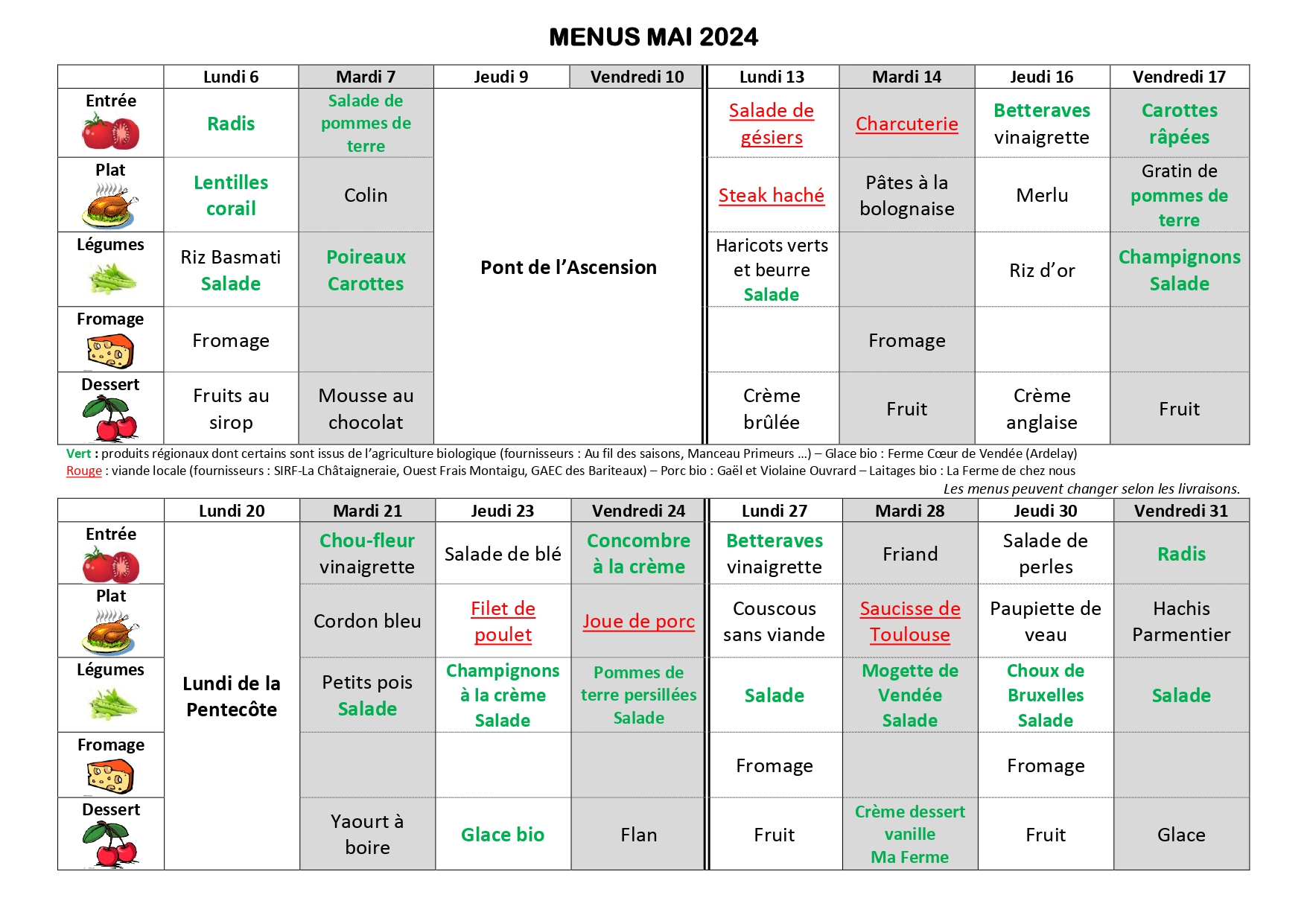 Menus de la cantine – Ecole Ardelay